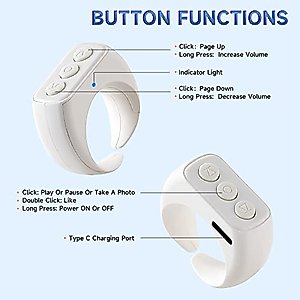 CKG Tiktok Bluetooth Remote Control, Smart Finger Remote for iPhone【2022 Design】, Ultra-Long Standby and Quick Charging, More Stylish TIK Tok Remote Compatible with iOS and Android - Snow White