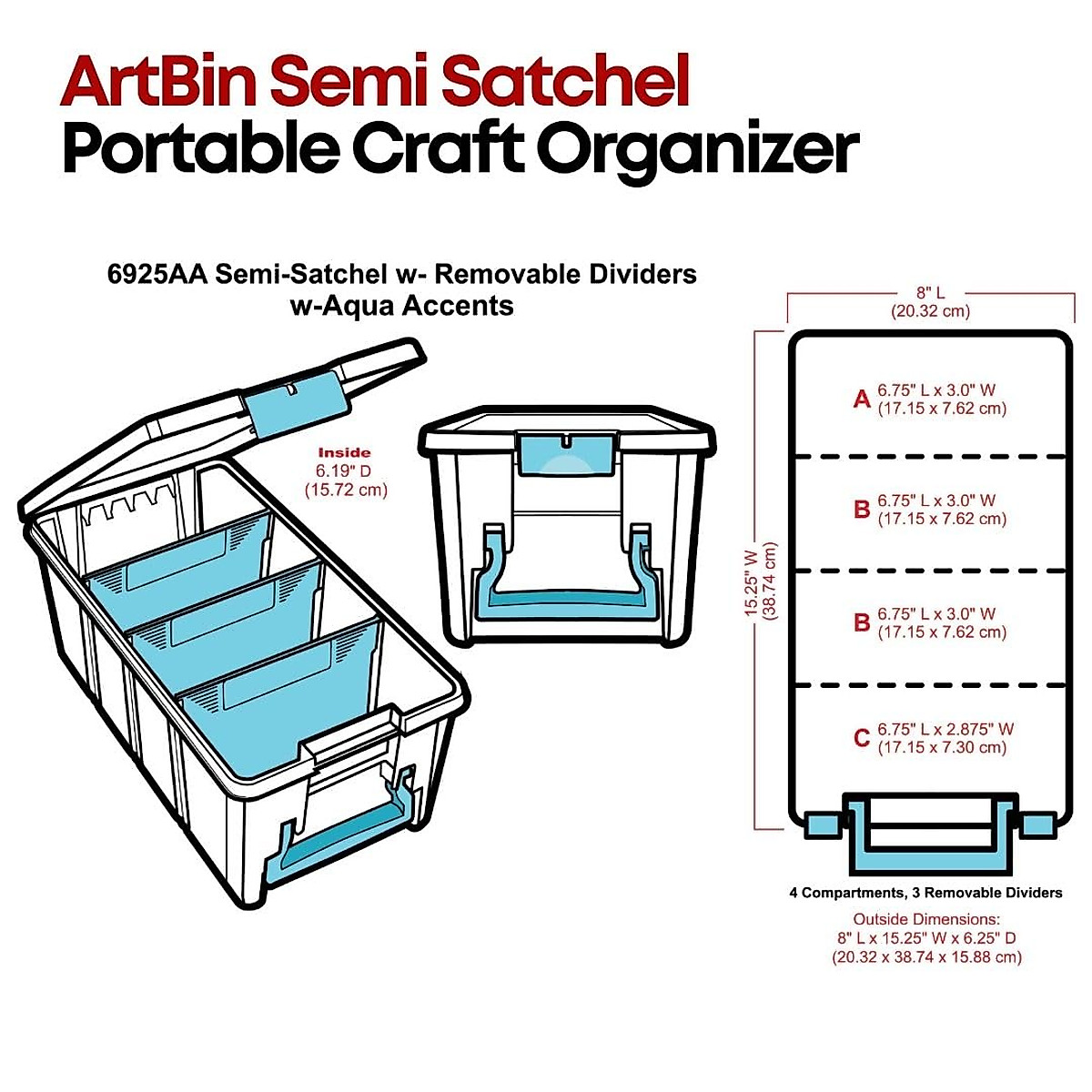 saizone 6925AA Semi Satchel with Removable Dividers, Portable Art & Craft Organizer with Handle, [1] Plastic Storage Case, Clear with Aqua Accents
