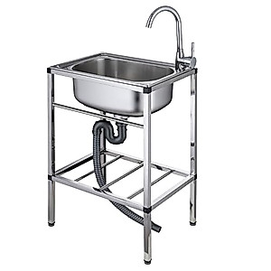 Commercial Kitchen Sink, Outdoor Garden Sink with Faucet and Storage Shelf, Free Standing Stainless Steel Washing Hand Basin for Restaurant, Bar, Camping (Size : 52x38cm(20x15inch))