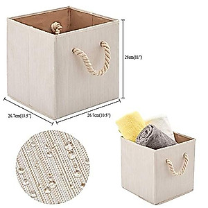 BeigeSwan Foldable Bamboo Fabric Storage Bins [set of 4] with Cotton Rope Handles, Collapsible Organizer Boxes Basket - 10.5 x 10.5 x11 inch (Beige)