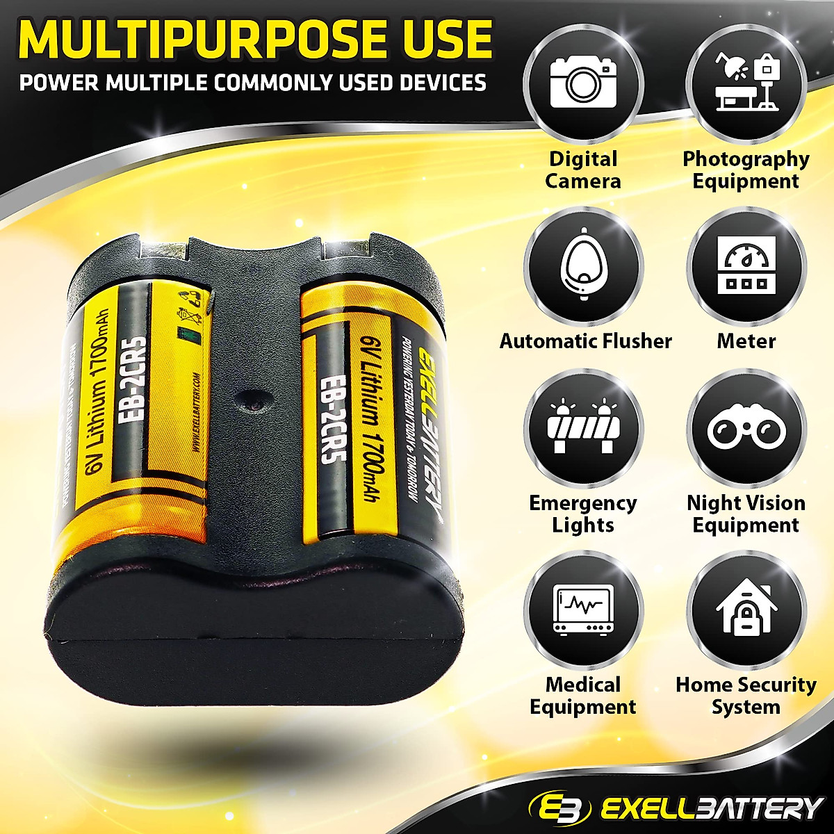 Exell 2CR5 6V 1700mAh (Highest Capacity on The Market) Photo Lithium Battery Replaces Evergreen 2CR5, DL245, EL2CR5, 2CR5M, Replaces Symmons SF-2CR5