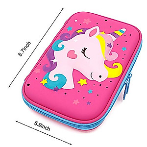 Pencil Case for Girls, 3D Cute EVA Unicorn Pen Pouch Stationery Box Anti-Shock Large Capacity Multi-Compartment for School with 4 unicorn pens