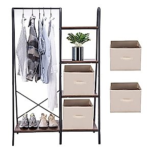 YOUDENOVA Clothing Rack with Bottom Shelve, Industrial Garment Rack with 3 Mesh Shelves, Freestanding Closet Heavy Duty with 2 Fabric Storage Boxes