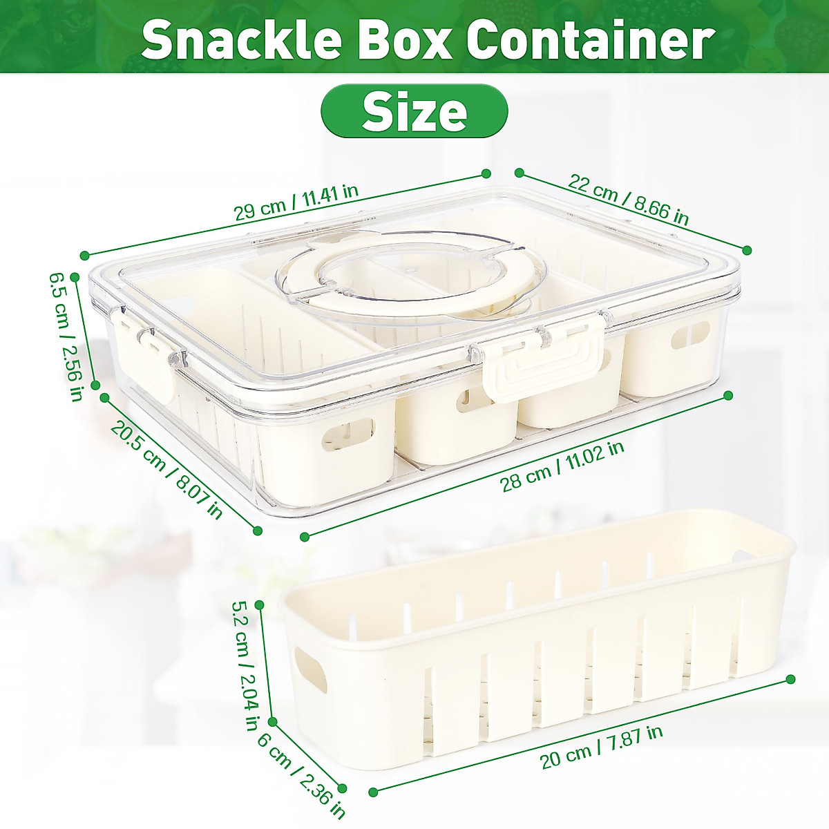 LOTOFUN Divided Serving Tray Container with Lid: Snackle Box Container Storage Organizer for Adults Snacks Fruits Vegetable Food for Fridge Kitchen Travel 4 Compartments