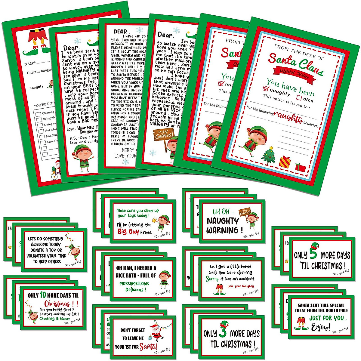 52 Pcs Elf Notes and 2 Elves Notice Naughty or Nice Behavior Checklist Stationary Paper 3 Elf Bonus Letter and Elf Reports Set Elf Christmas Note Cards for Christmas Student Kid Preschool (Classic)