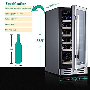Kalamera Mini Fridge 15" Wine Cooler Refrigerator - 30 Bottle Wine Fridge with Stainless Steel Refrigerator& Double-Layer Tempered Glass Door and Temperature Memory Function Built-in or Freestanding