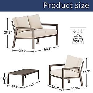 Bella Villa Patio Furniture Set - 4 Piece Outdoor Metal Frame All-Weather Sofa Set with 1 Loveseat 2 Patio Chairs, 1 Coffee Table for Lawn, Backyard, Deck, Garden (White)