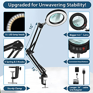 MagnieOpti 10X Magnifying Glass with Light and Clamp, 5 Color Modes Stepless Dimmable Real Glass Lighted Magnifier, Hands Free LED Magnifying Desk Lamp for Painting Craft Close Work Reading Repairing