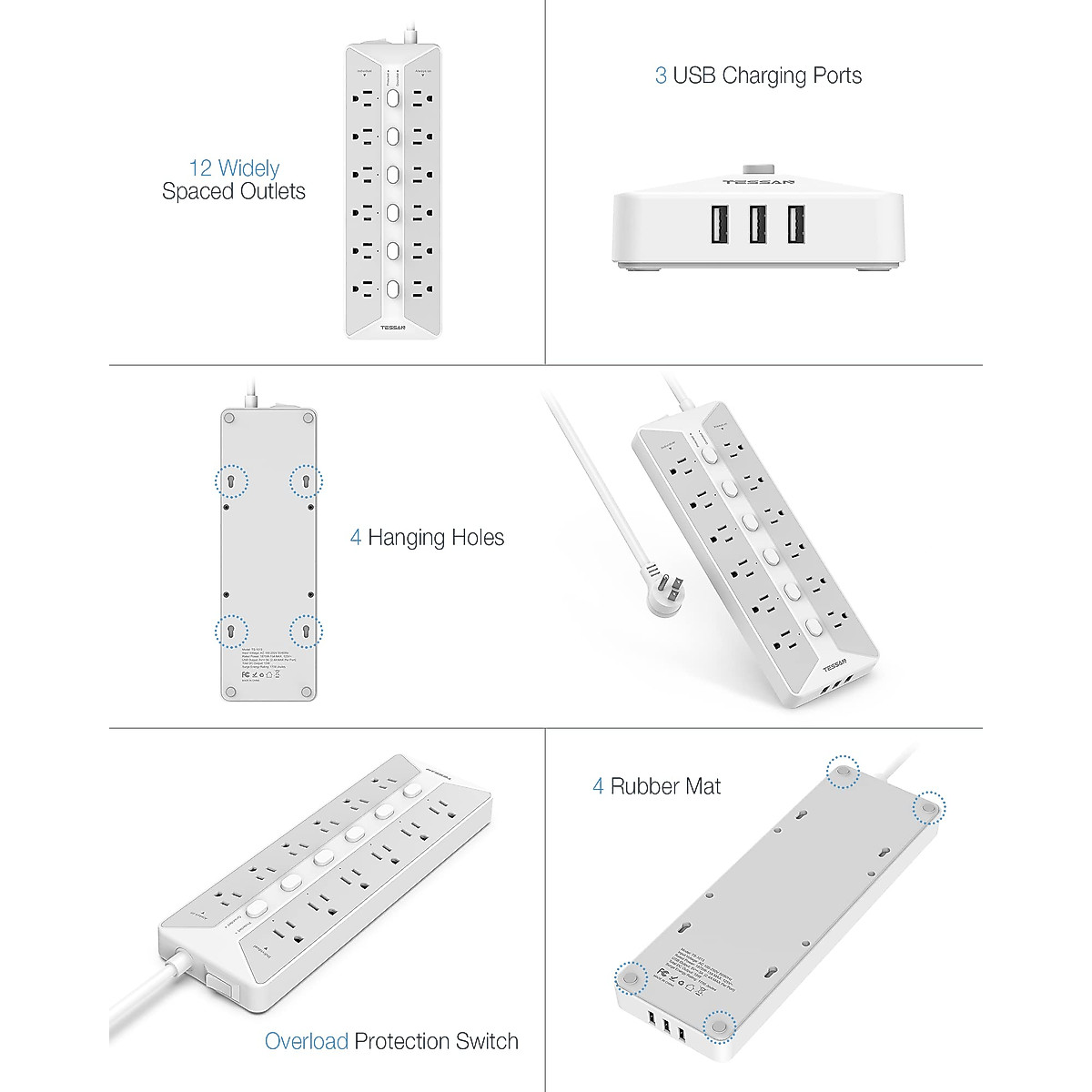 Power Strip with USB, Individual Switches, TESSAN 12 Outlets and 3 USB Ports, Long Extension Cord 6 Feet with Surge Protector for Home, Dorm and Office Accessories, 1700J Protection, Gray