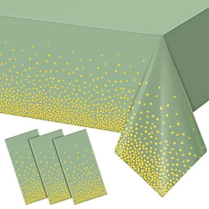 3 Pack Sage Green and Gold Plastic Tablecloth, Green Disposable Table Cloth for Rectangle Tables, Gold Stamping Dot Light Green Tablecloth for Baby Shower Birthday Wedding Party Decorations, 54"x108"