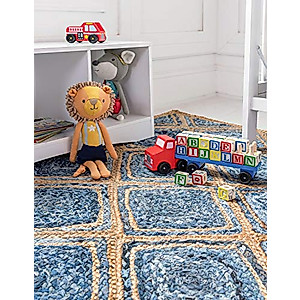 Unique Loom Braided Jute Collection Classic Quality Made Natural Hand Woven with Geometric Design Area Rug (9' 0 x 12' 0 Rectangular, Blue/ Natural)