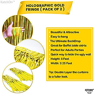 KatchOn, Holographic Gold Fringe Curtain Backdrop - XtraLarge, 6.4x8 Feet Pack of 2 | Holographic Gold Foil Curtain, Gold Streamers Party Decorations | Gold Backdrop, New Years Eve Party Supplies 2024