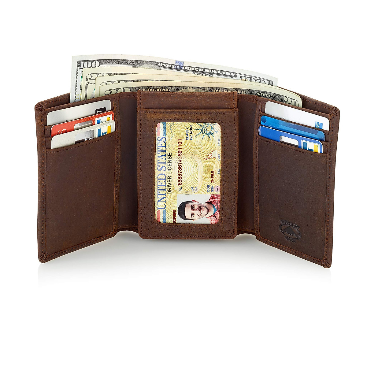 Stealth Mode Trifold Leather Wallet for Men with ID Holder and RFID Blocking (Brown)