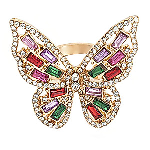 Boho CZ Butterfly Statement Ring for Women Gold Plated Colorful Crystal Open Band Wrap Finger Rings Comfort Fit Dainty Birthday Wedding Anniversary Jewelry Gift Size 7