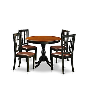 East West Furniture AMNI5-BCH-LC Antique 5 Piece Set for 4 Includes a Round Kitchen Table with Pedestal and 4 Faux Leather Dining Room Chairs, 36x36 Inch
