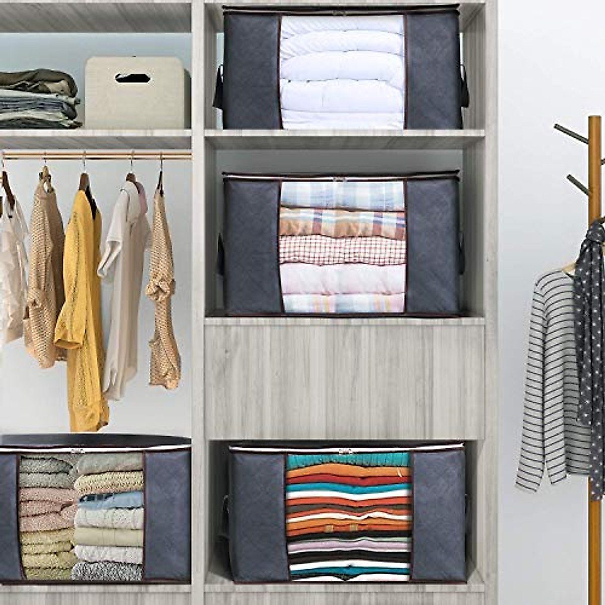 Toocoo Closet Organizer and Clothes Storage Bags with Reinforced Handle, Sturdy Zipper and Clear Window Thick Fabric for Comforters, Blankets, Bedding and Clothing 3 Pack, 90L, Grey …