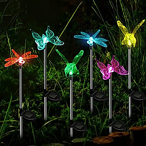 6 Pcs Solar Garden Lights, Color Changing Butterfly, Dragonfly & Hummingbird Lights, Wireless Solar Garden Stake Lights for Fence, Yard, Gardens, Flowerbed Decor