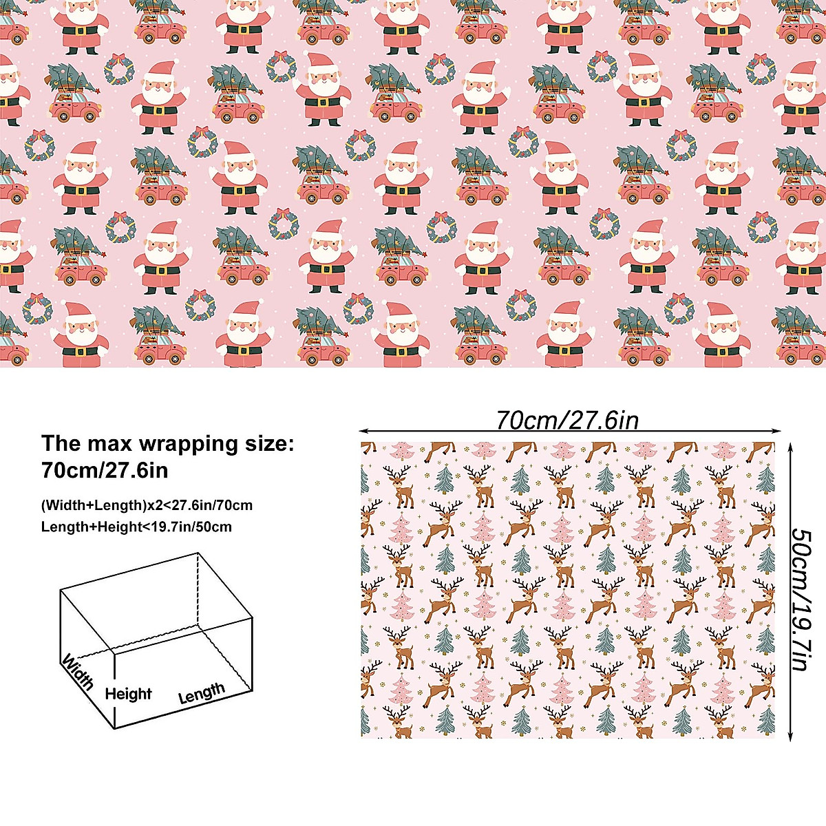 Vnaaem Pink Christmas Wrapping Paper for Boys Girls Kids - Cute Xmas Gift Wrap With Santa Christmas Tree Reindeer Design for Christmas Holiday Party Celebration - 20 X 28Inches Per Sheet(8 Pack)