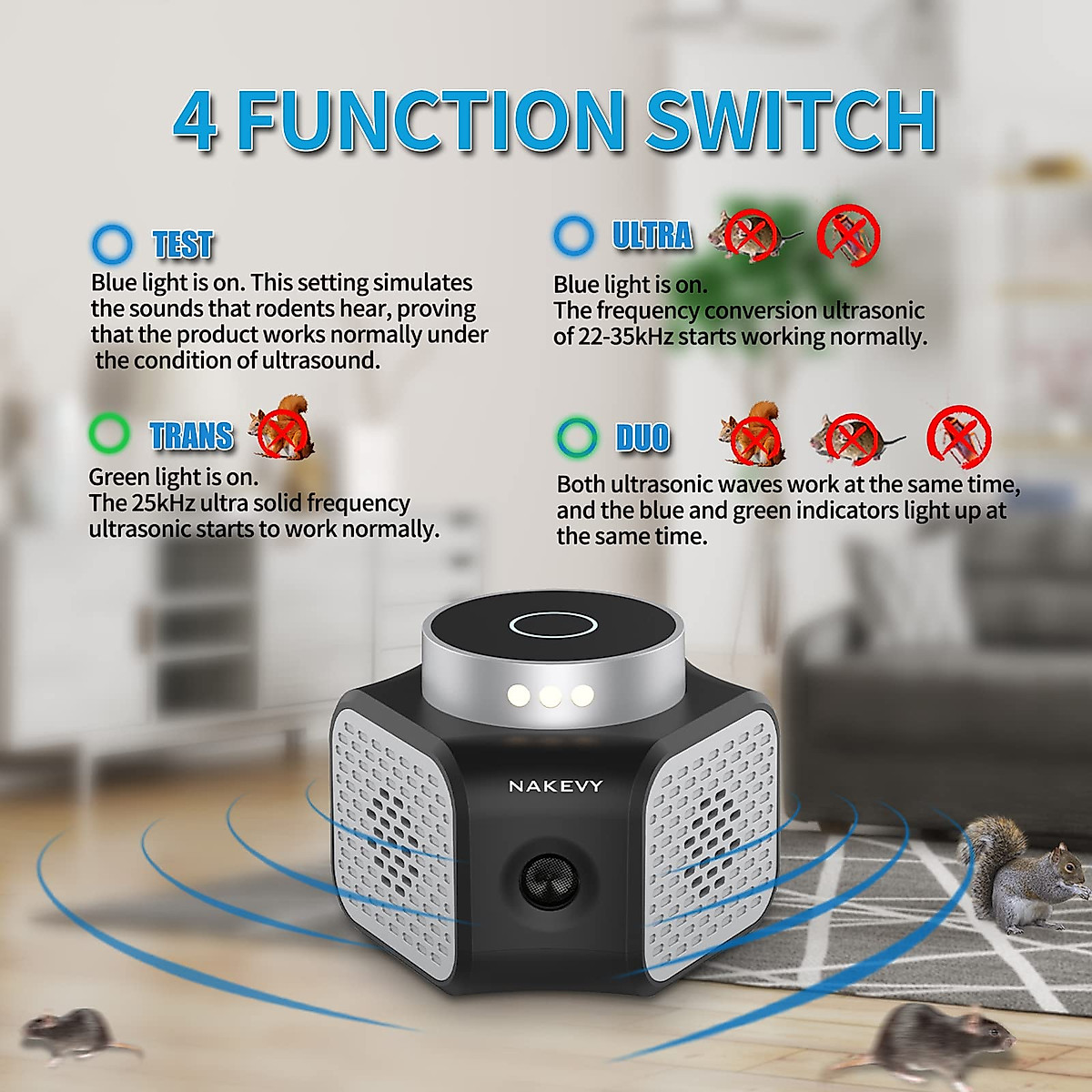 NAKEVY Plug in Rodent Repellent Indoor Pest Repeller Squirrels Mouse Deterrent Rat Control with Ultrasound Impulse LED Flashlights Predator Sounds for Home Attic Garage RV Silver