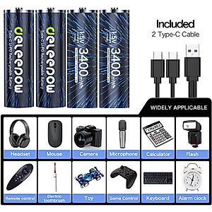 Deleepow Rechargeable AA Batteries Lithium USB 1.5V 3400mWh Lithium AA Batteries with USB-C Cable 1500 Cycles 4-Pack