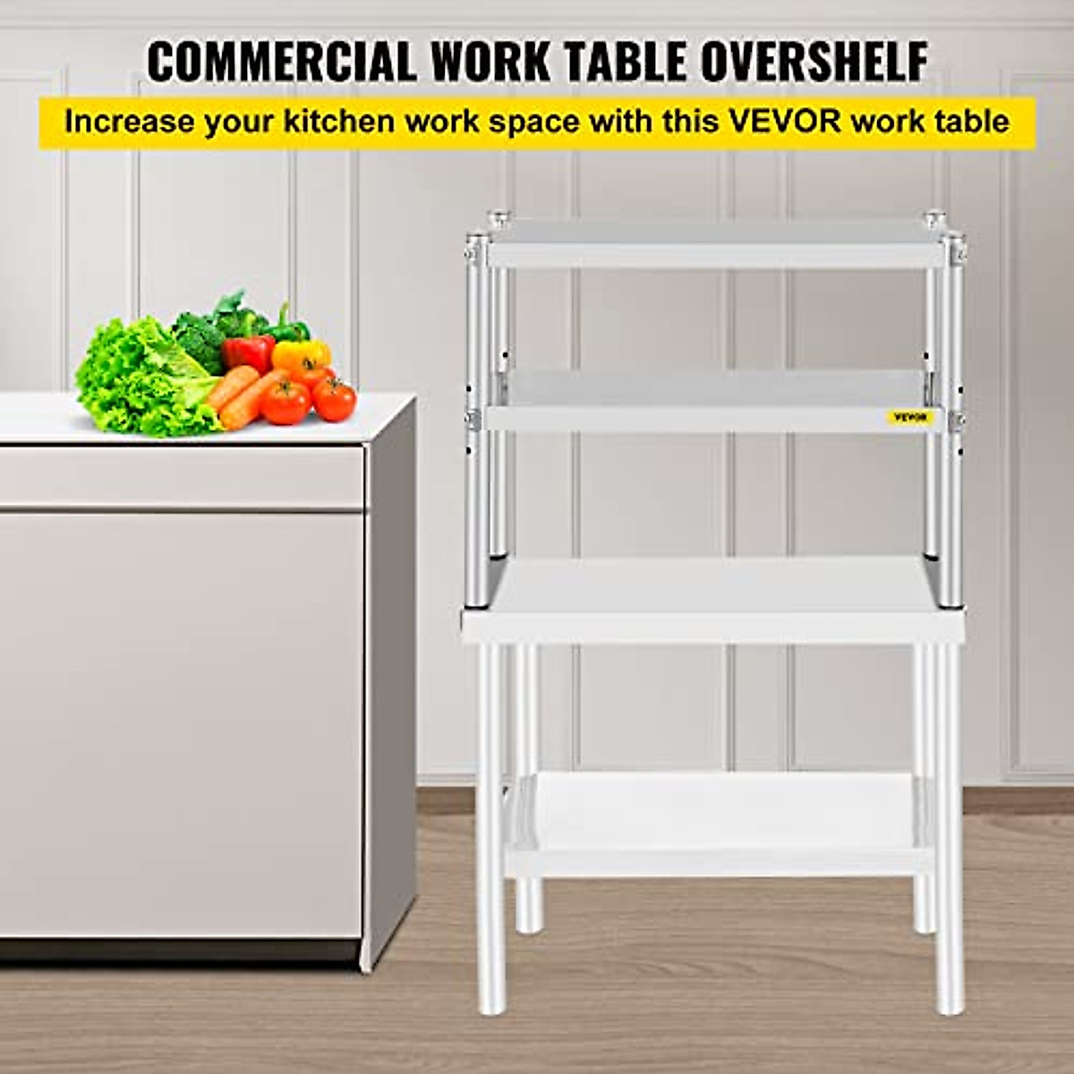 VEVOR Double Overshelf, Double Tier Stainless Steel Overshelf, 30 in. L x 12 in. W Double Deck Overshelf, Height Adjustable Overshelf for Prep & Work Table in Kitchen, Restaurant