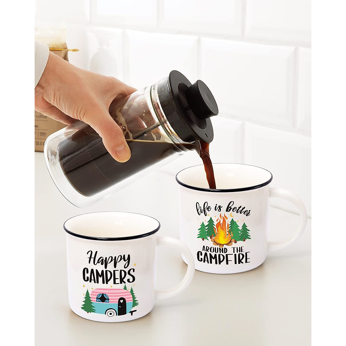 Nefelibata Camping Coffee Mug Set of 4 Happy Campers Campfire Tea Cups for Coffee, Tea, Milk Travel Ceramic Mug Camping Lover Holiday Gifts