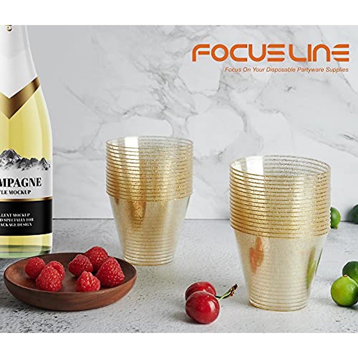 FOCUSLINE 100 Pack Gold Glitter Plastic Cups 9 oz Clear Plastic Cups Tumblers, Fancy Disposable Hard Plastic Cups with Gold Glitter for Wedding Cups Elegant Party Cups