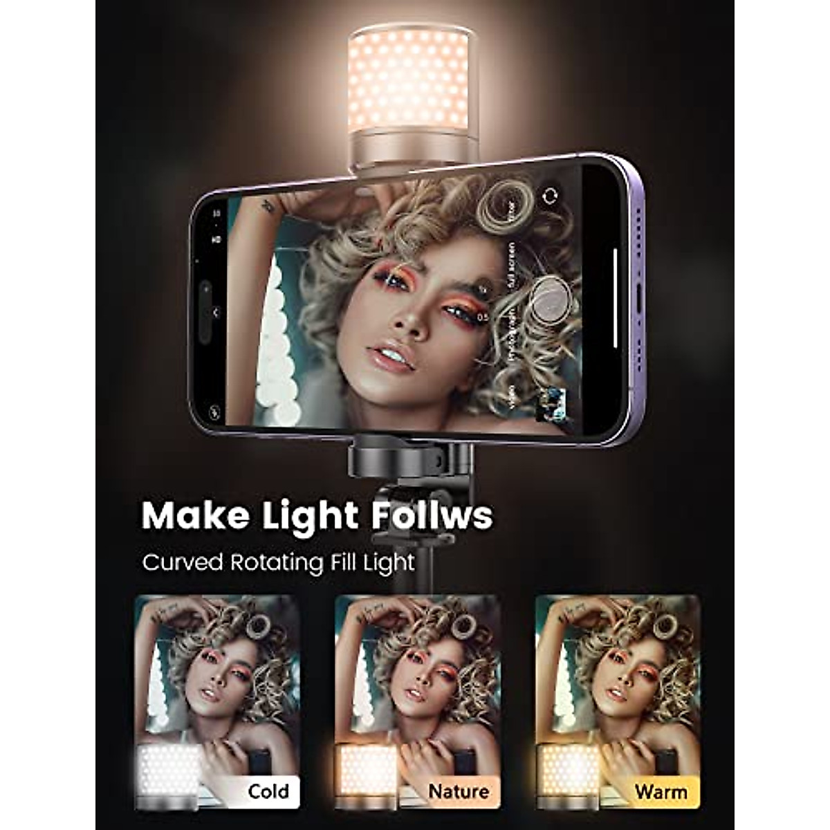 Selfie Stick with Curved Fill Light, Portable & Stable Phone Tripod Stand with Wireless Remote for iPhone/Samsung/Google/One Plus/Sony etc.