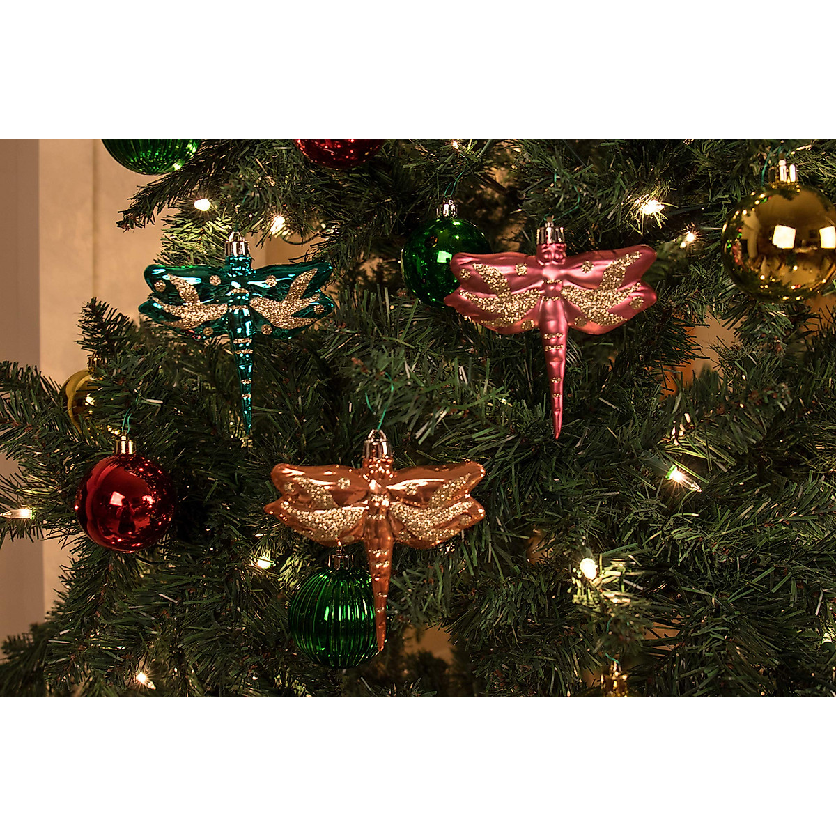 Clever Creations Dragonfly Christmas Ornament Set of 4 Pieces, Shatterproof Holiday Décor for Christmas Trees, Peach, Pink and Teal