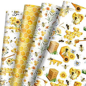 Whaline 12 Sheet Bee Wrapping Paper Honeybee Sunflower Gift Wrap Paper Watercolor BumbleBee Honeycomb Folded Decorative Paper for Summer Baby Shower Birthday Craft Gift DIY Decor, 19.7 x 27.6 Inch