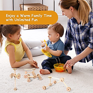 WODI Wooden Building Blocks，60 PCS Tiny Educational Natural Wood Stem Toys, DIY Wooden Blocks Splicing, Montessori Building Blocks Building Blocks for Kids Ages 4-8 to Create Various Shapes