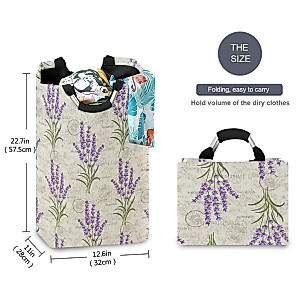 Retro Lavender Stamp Large Laundry Basket Spring Summer Flowers Collapsible Laundry Hamper with Handles Waterproof Clothes Washing Bin Dirty Baskets Storage for Home College Dorm Bathroom 50L