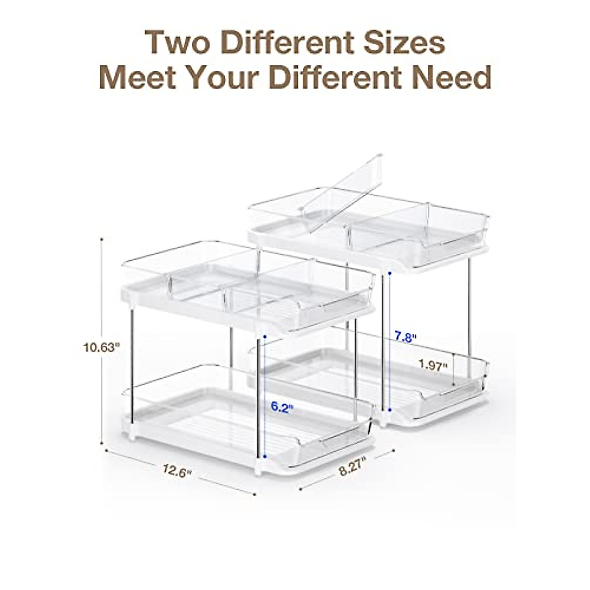 2 Tier Cabinet Organizers and Storage, 2 Pack Slide-Out Stackable Pantry Organization and Storage with Movable Dividers, Multi-Purpose Bathroom Organizer, Kitchen Organization and Storage, Countertop Vanity Medicine Organizer