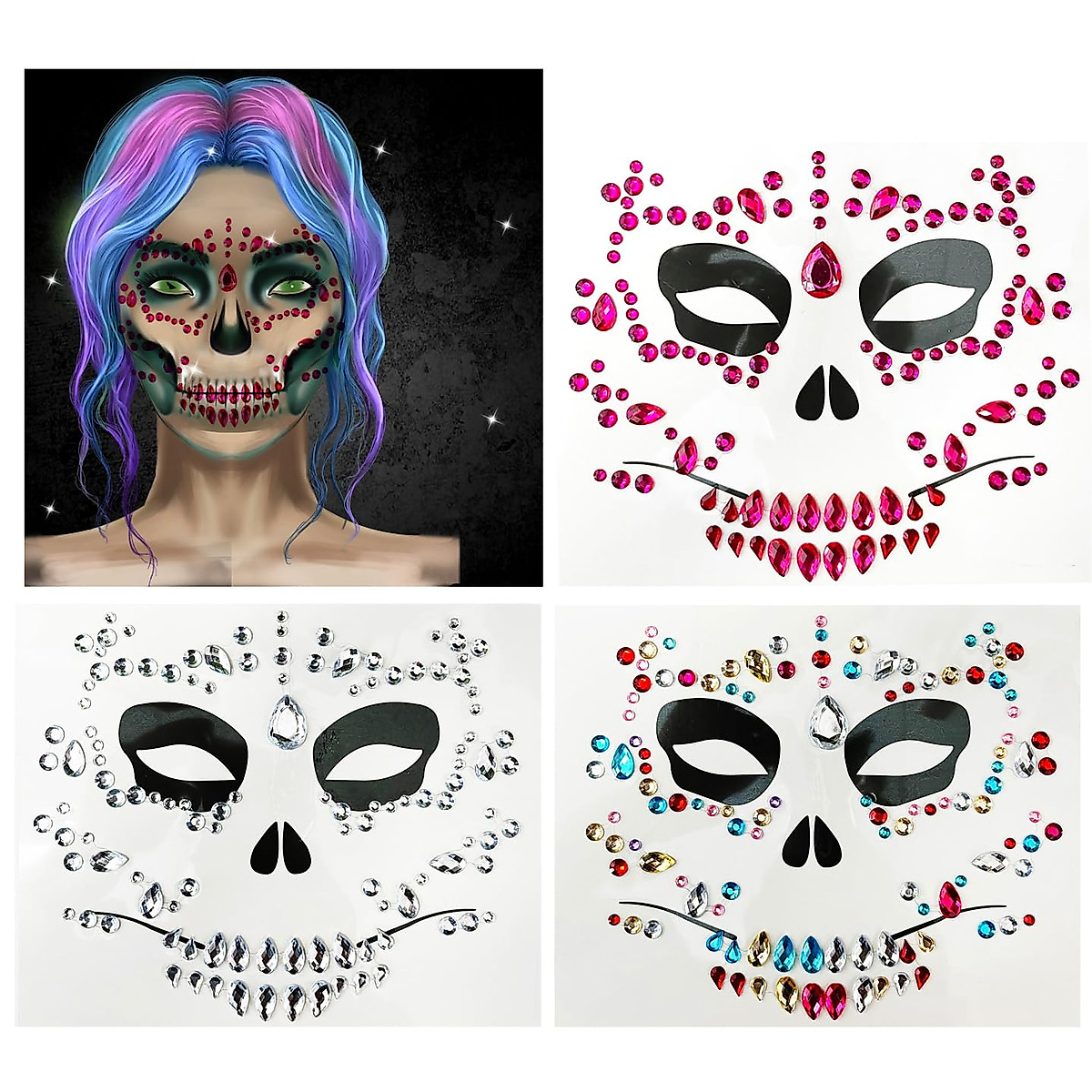 PADOUN Rhinestone Face Jewels, 3-Pack Day of the Died Face Gems Halloween Temporary Face Tattoo, Stick on Hollowing Prank Makeup Costume
