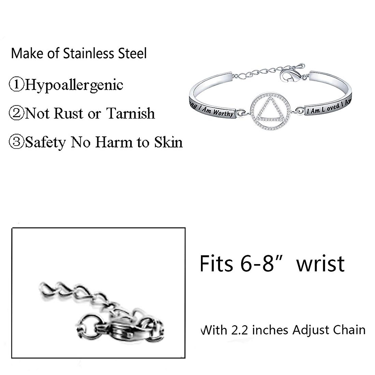 BNQL Alcoholics Anonymous Bracelet AA Sobriety Gifts Sobriety Recovery Bracelet Sober Gifts for Women (SILVER)