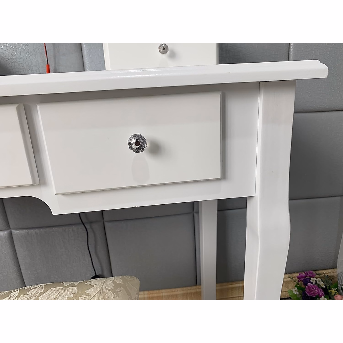 GIMMYFIVE Vanity Desk with Mirror and Lights, Wood Makeup Dressing Table with Oval Mirror & Stool,3 Colors Lighting Modes,Modern Bedroom Dressing Table with 5 Large Drawers for Kids Women Girls,White