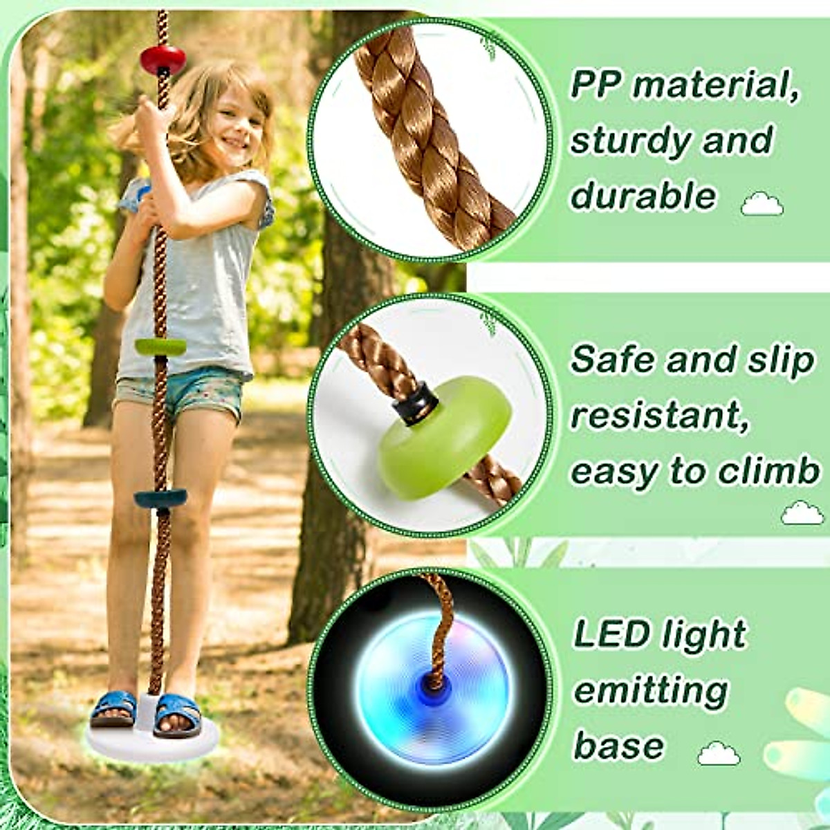 Meooeck 2 Pack LED Disc Climbing Rope Tree Swing with Platforms Disc Swing Seat with Hanging Strap Climbing Rope with Disc Swing Outdoor Playground Swing Set Accessories for Kids Backyard Playground