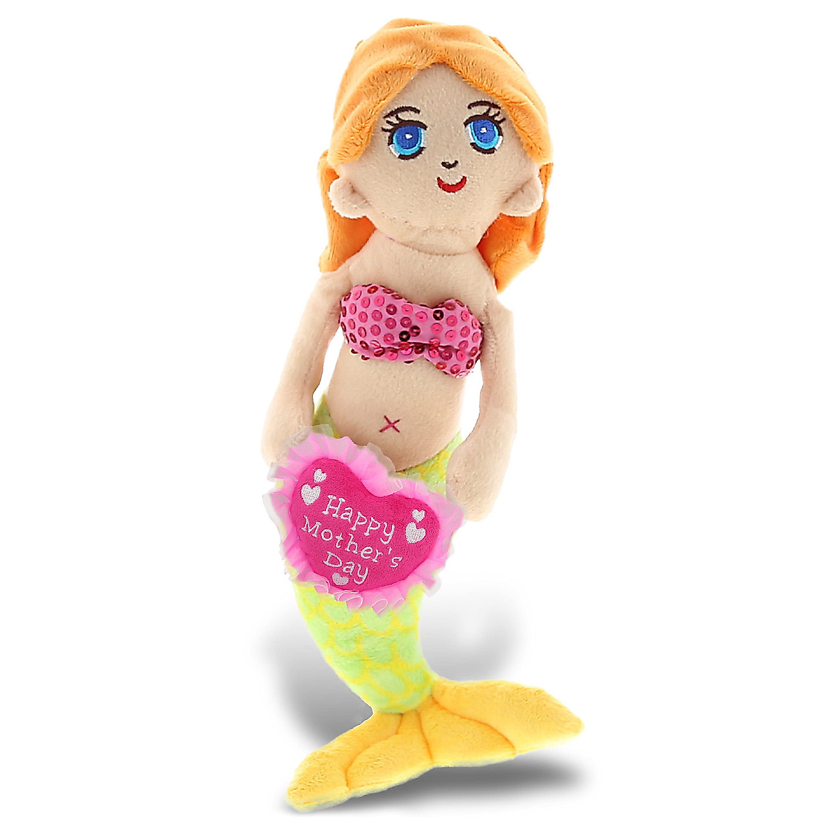 DolliBu Happy Mother's Day Super Soft Plush Green Mermaid Doll Figure - Cute Stuffed Animal with Pink Heart Message for Best Mommy, Grandma, Wife, Daughter - 14" Inches