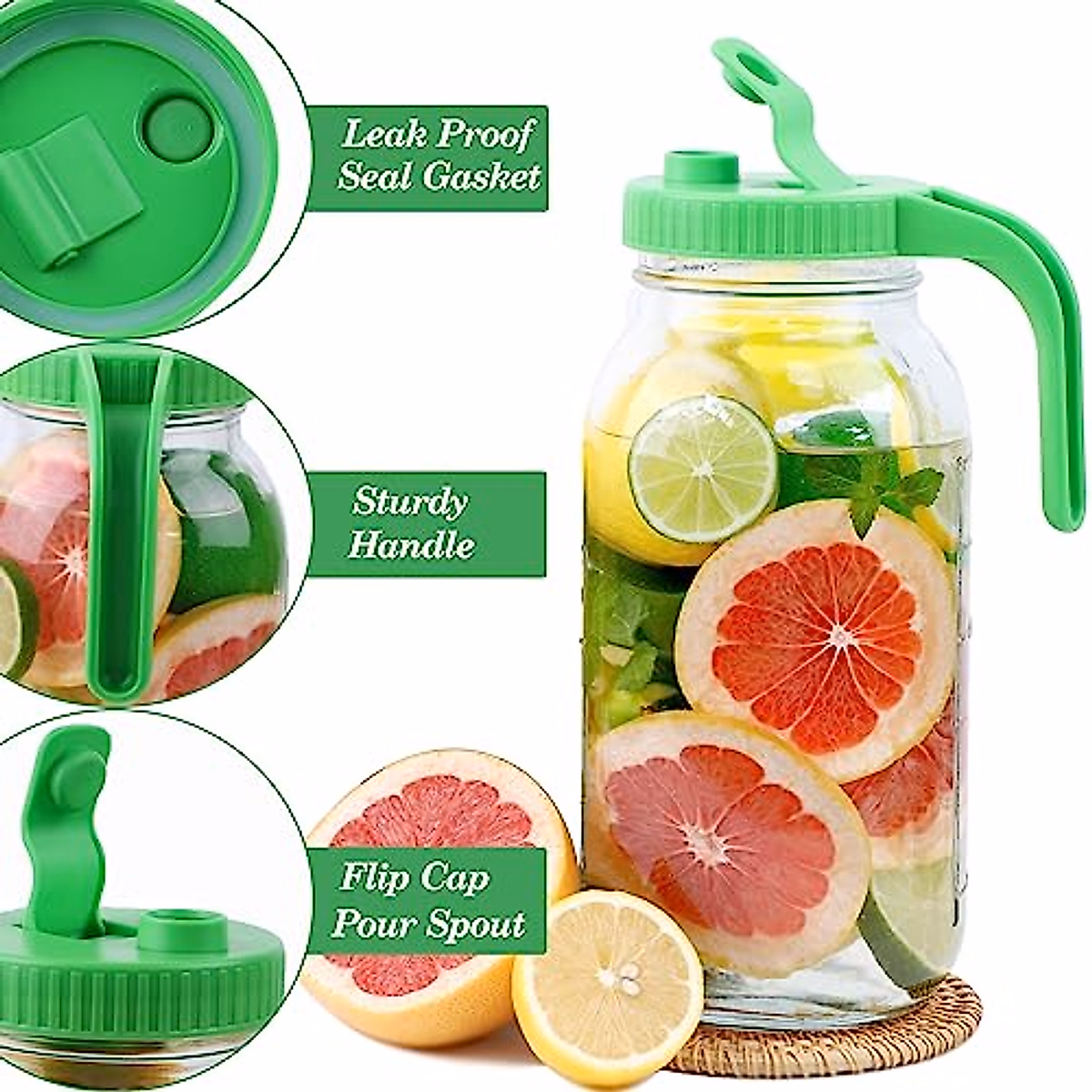 Mason Jar Pitcher With Pour Spout Handle Lid 32 OZ Wide Mouth Glass Pitcher 1 Quart Leak Proof Airtight Jugs With Flip Cap For Iced Coffee, Sun Tea, Lemonade, Cold Brew Tea, Milk