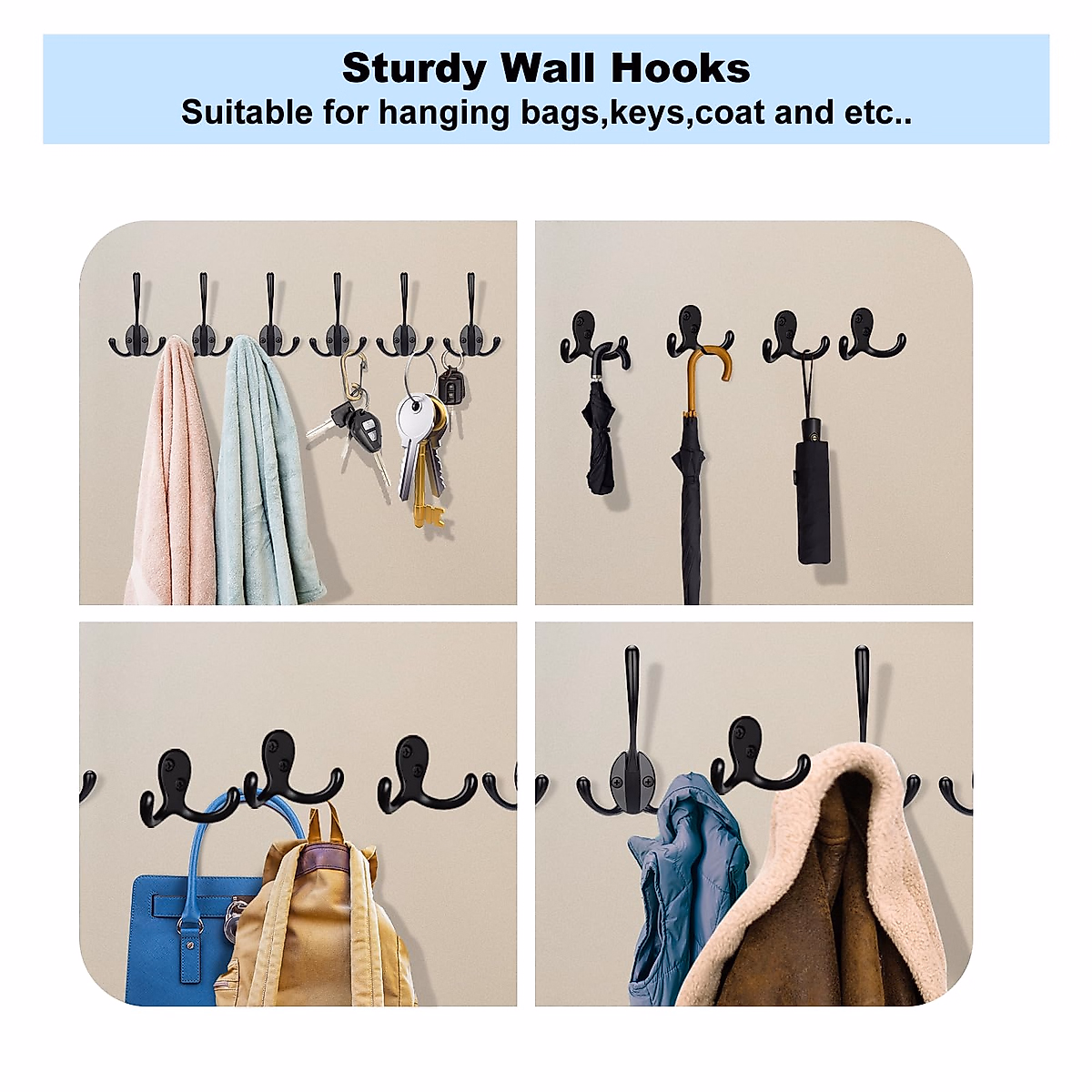 Kruodop 4 Pack Wall Hooks Wall Mounted Coat Hooks for Hanging Heavy Duty, Black Towel Hooks, Metal Double Coat Hanger with Screws Cup Retro for Coats, Handbags, Towels, Hat