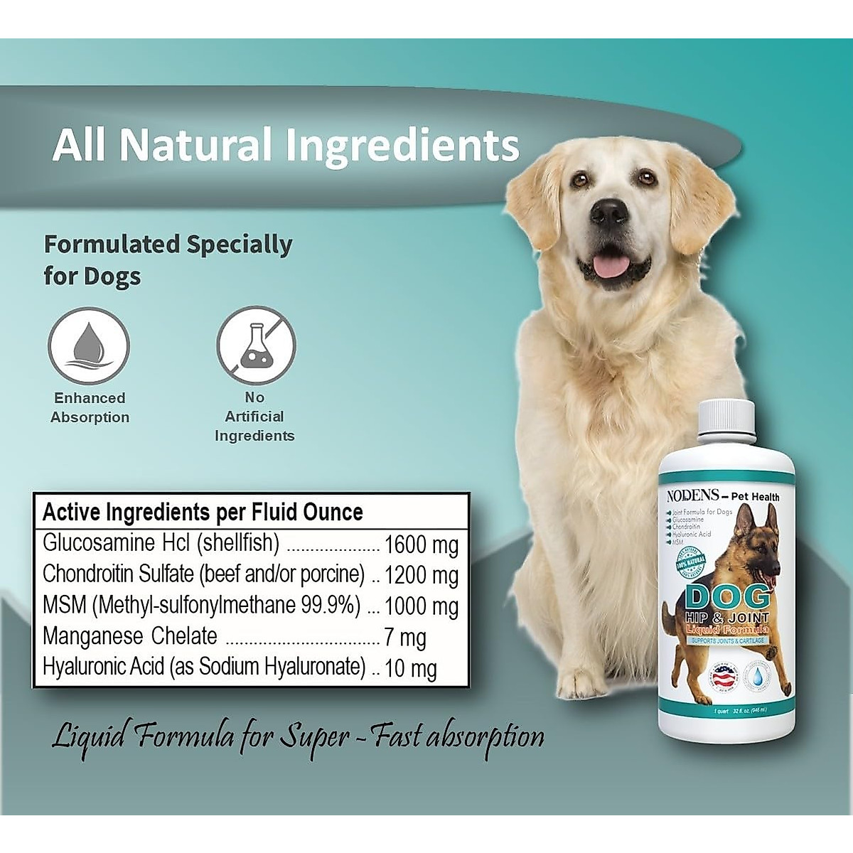 NODENS Dog Hip and Joint - Concentrated Glucosamine for Dogs with Chondroitin – Dog Joint Supplement for Natural Dog Pain Relief Anti-inflammatory for Improved Joint Flexibility and Mobility - 942 ml