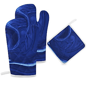 Navy Stone Cobalt Blue Talisman Oven Mitts and Pot Holders Sets of 3,Kitchen Gift Heat Resistant Non Slip Hot Pads & Oven Mitts Set for Cooking BBQ Grilling Baking