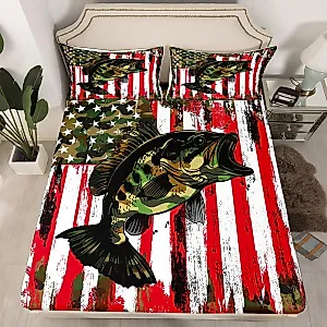 Camo Pike Fish Bed Sheet Set Camouflage American Flag Bass Big Fish Fitted Sheet Fishing and Hunting Bedding Set Fisherman Bedroom Decor Military Bed Cover Twin Size with 1 Pillow Case