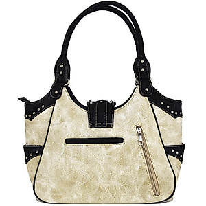 Western Style Tooled Leather Buckle Concealed Carry Purse Country Handbag Women Shoulder Bag Wallet Set (Beige Set)