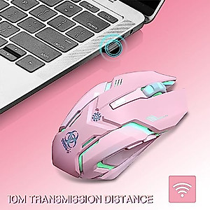 VEGCOO Pink Wireless Gaming Mouse, Silent Click Wireless Mouse with Colorful RGB LED Lights, Rechargeable Computer Mice with Side Buttons and 3 Level DPI, for Laptop and Desktop