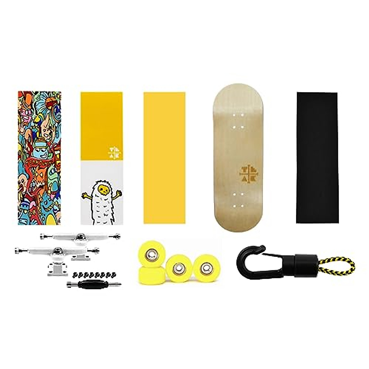 Teak Tuning Fingerboard Starter Set No. 3 - Includes Maple Fingerboard Deck, 3 Deck Graphic Wraps, 1 Piece of Trick Tape, Set of White Trucks, Yellow-Colored Wheels, and a Carrier