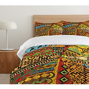 Ambesonne African Duvet Cover Set, Grunge Collage Motifs Traditional Art Ornate Geometric, Decorative 3 Piece Bedding Set with 2 Pillow Shams, Queen Size, Yellow Orange