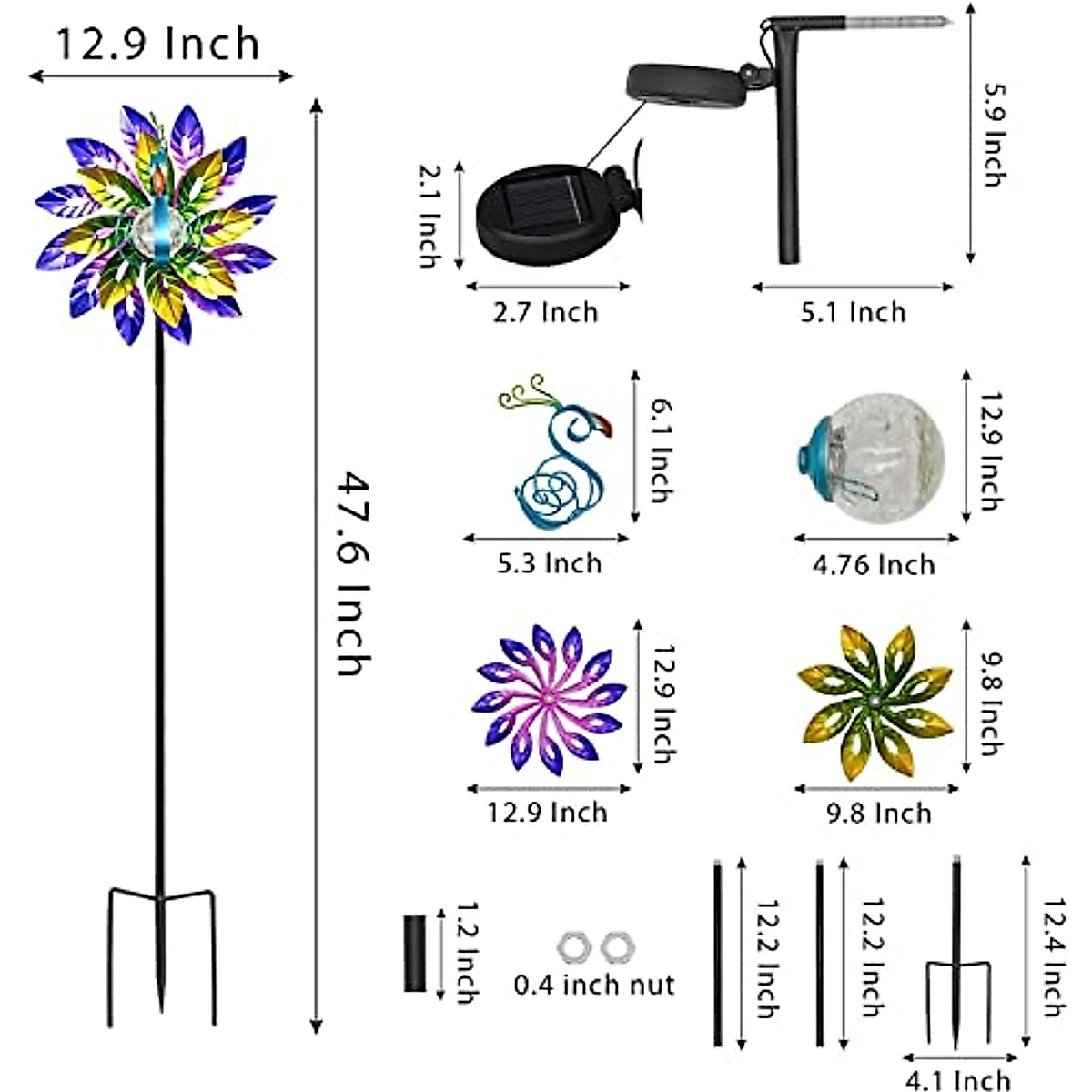 Peacock Solar Wind Spinner Garden Yard Decor, Outdoor Decorative Metal Wind Sculpture with Cracked Glass Ball, Waterproof Art Windmill Landscape Stake Light for Lawn Patio Pathway Yard Courtyard Decor