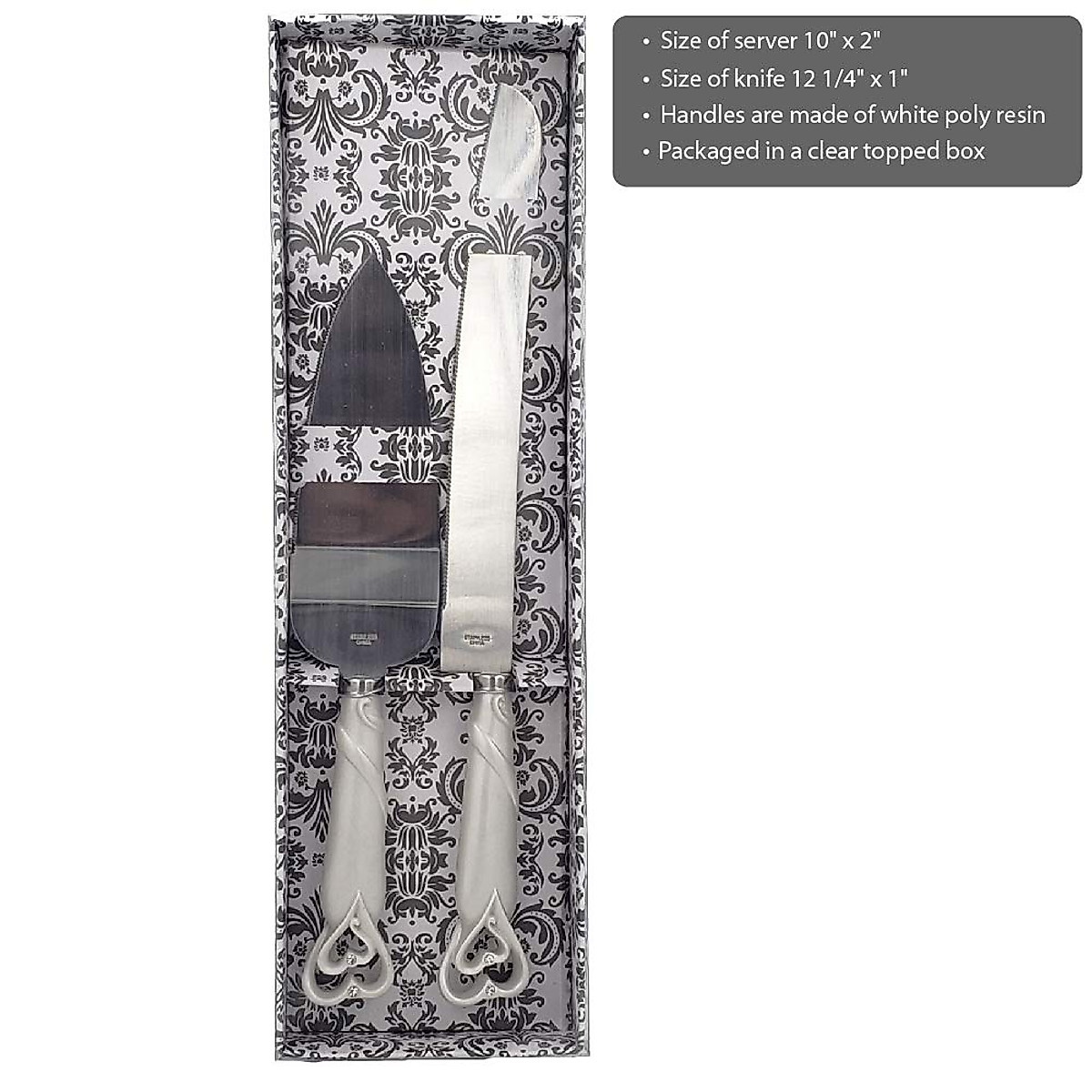 FASHIONCRAFT 2401 Interlocking Hearts Design Cake Knife and Server Set, Wedding Cake Knife and Server Set, Silver Stainless Knife Set