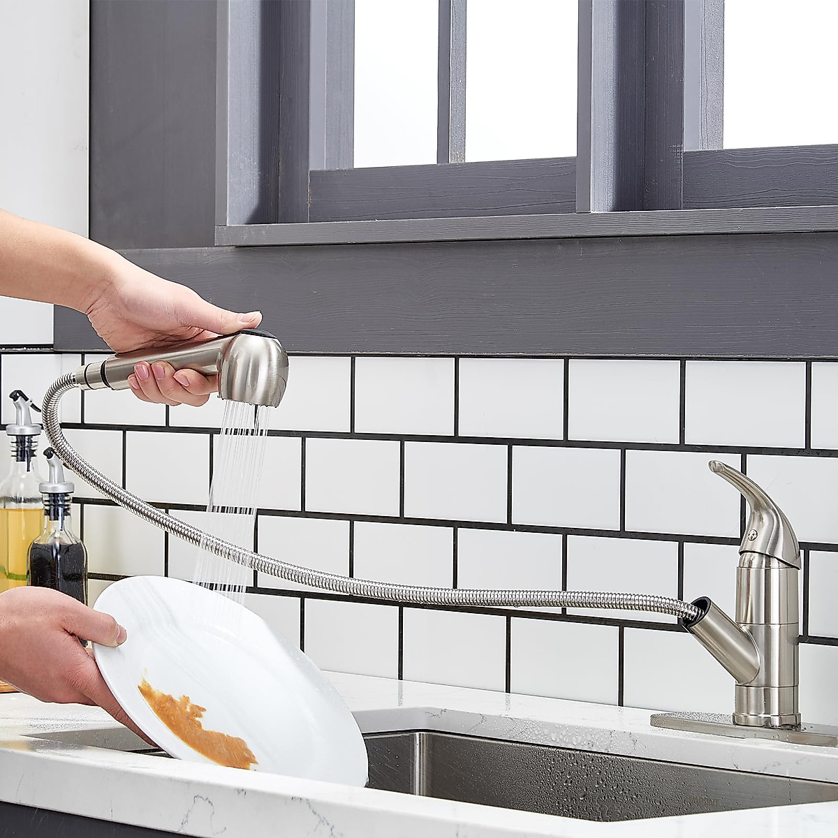 Comllen Commercial Small Kitchen Faucet Brushed Nickel, Stainless Steel Single Handle Pull Out Kitchen Sink Faucet, Single Hole Low Kitchen Faucets with Sprayer